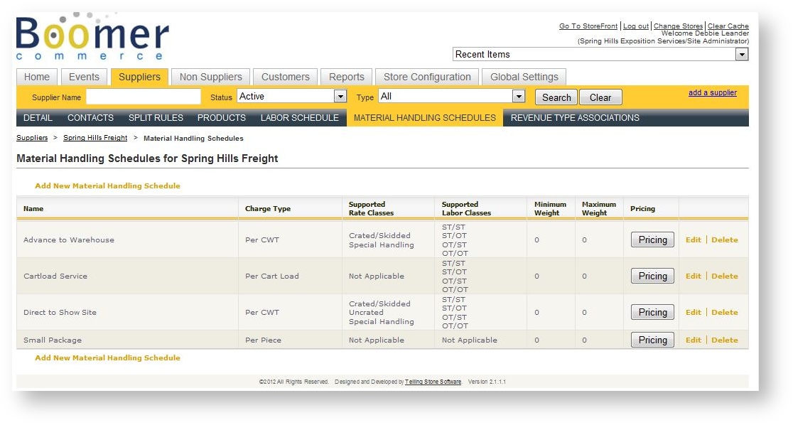 Establishing Material Handling Schedules and Freight Products – Boomer Commerce
